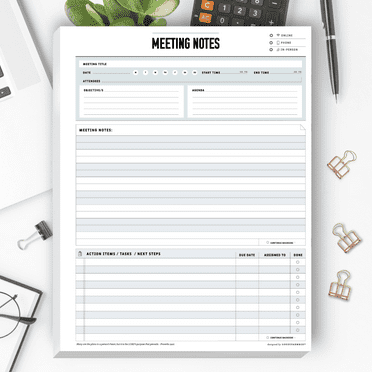 Meeting Notepad for Organization - 8.5 x 11” Meeting Pad - 50 Tear Off ...
