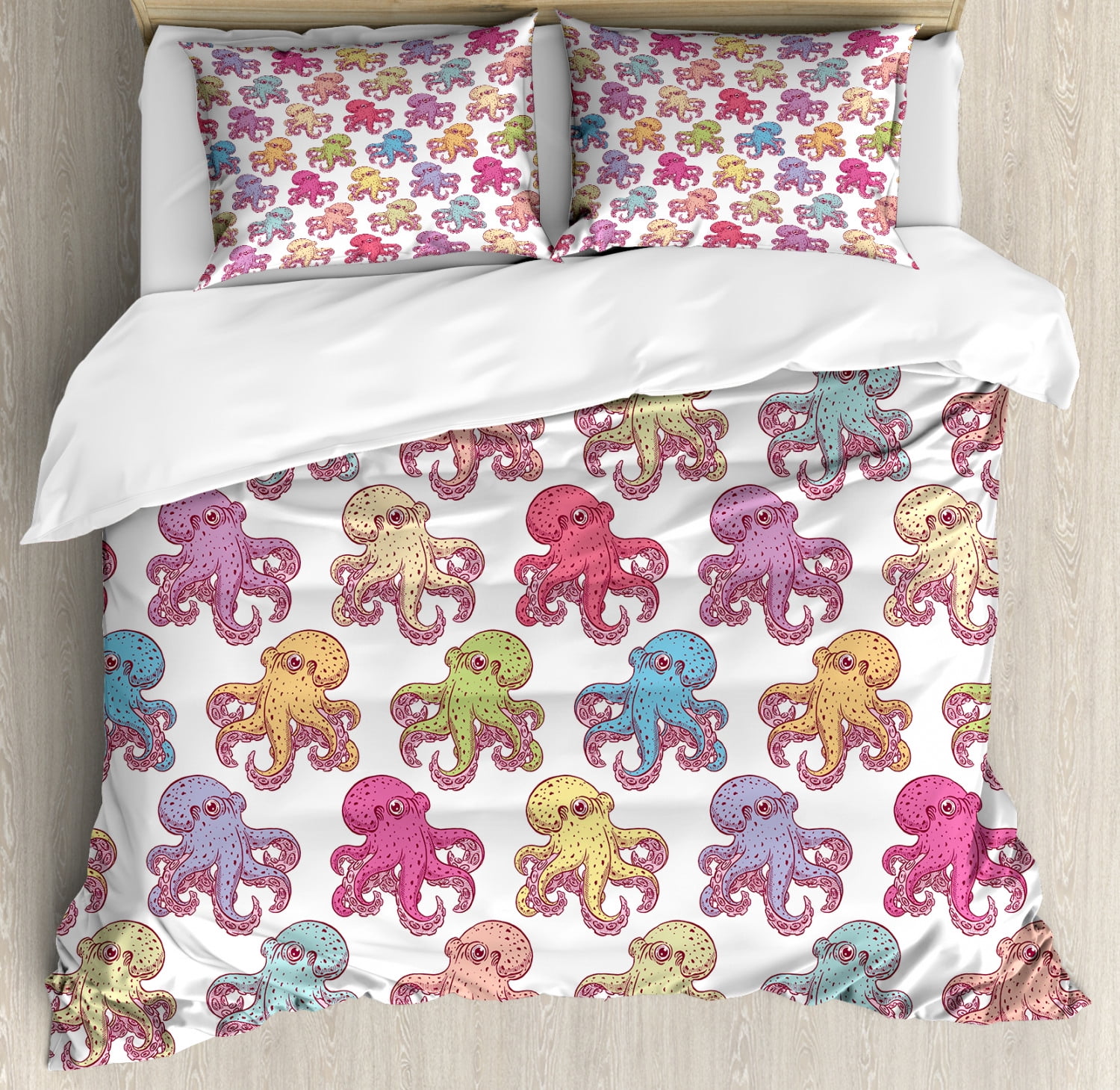 Octopus Duvet Cover Set King Size, Hand Drawn Animal Pattern with ...