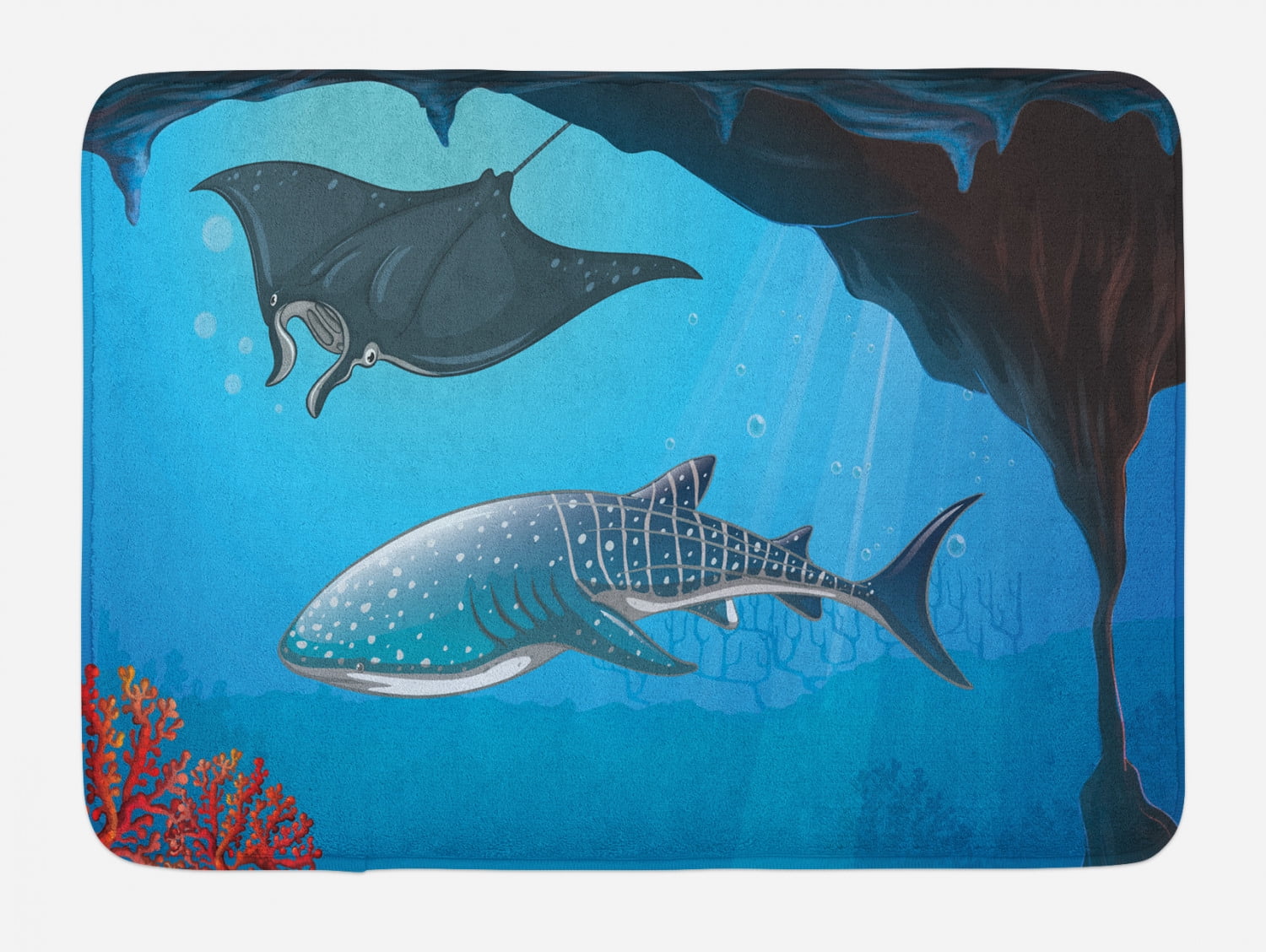 Shark Bath Mat, Shark Deep Water Stingray with Coral Reefs Algae Rocky ...