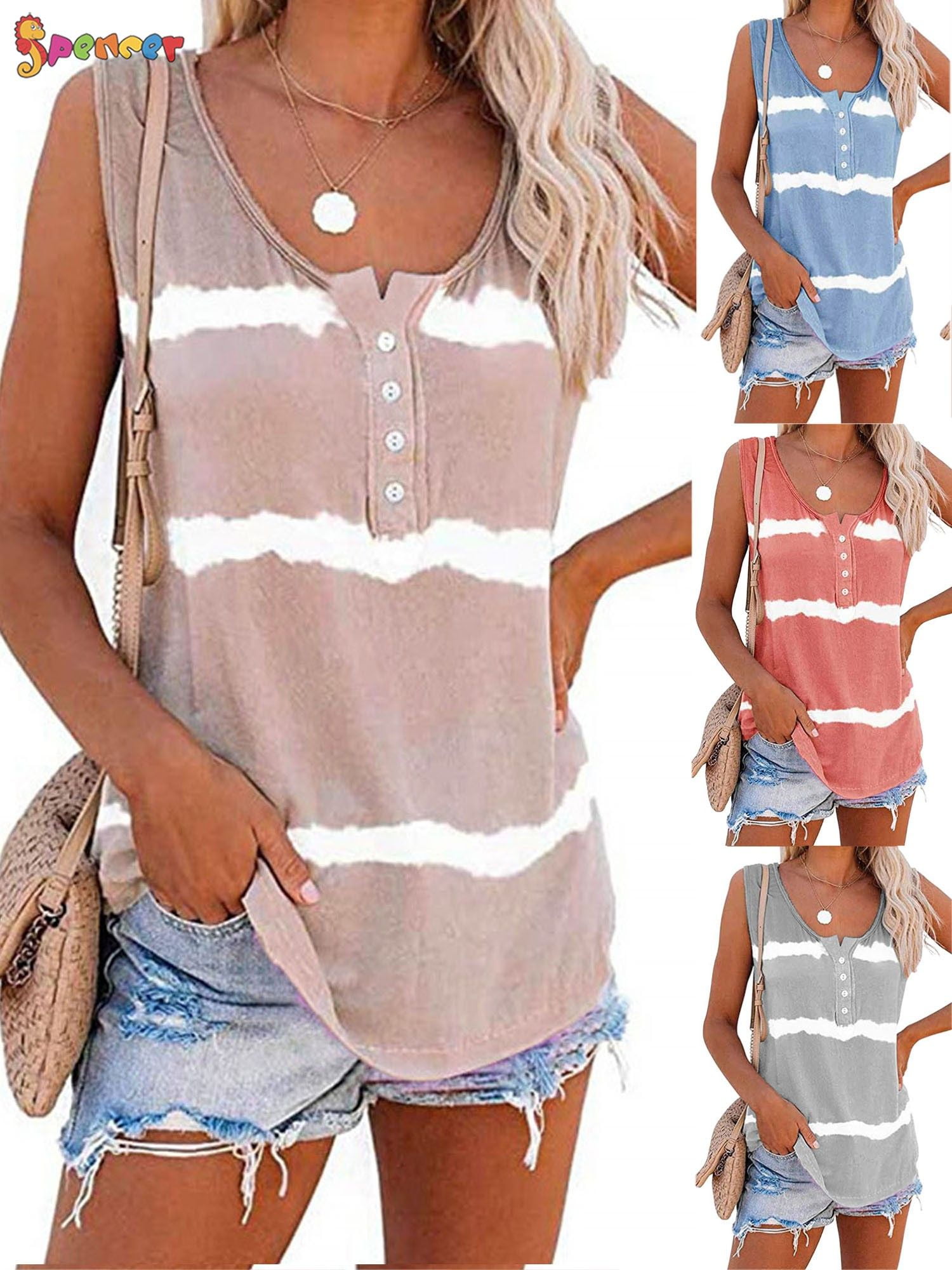 Spencer Women's Tie Dye Sleeveless Tank Tops Summer Loose Button Down ...