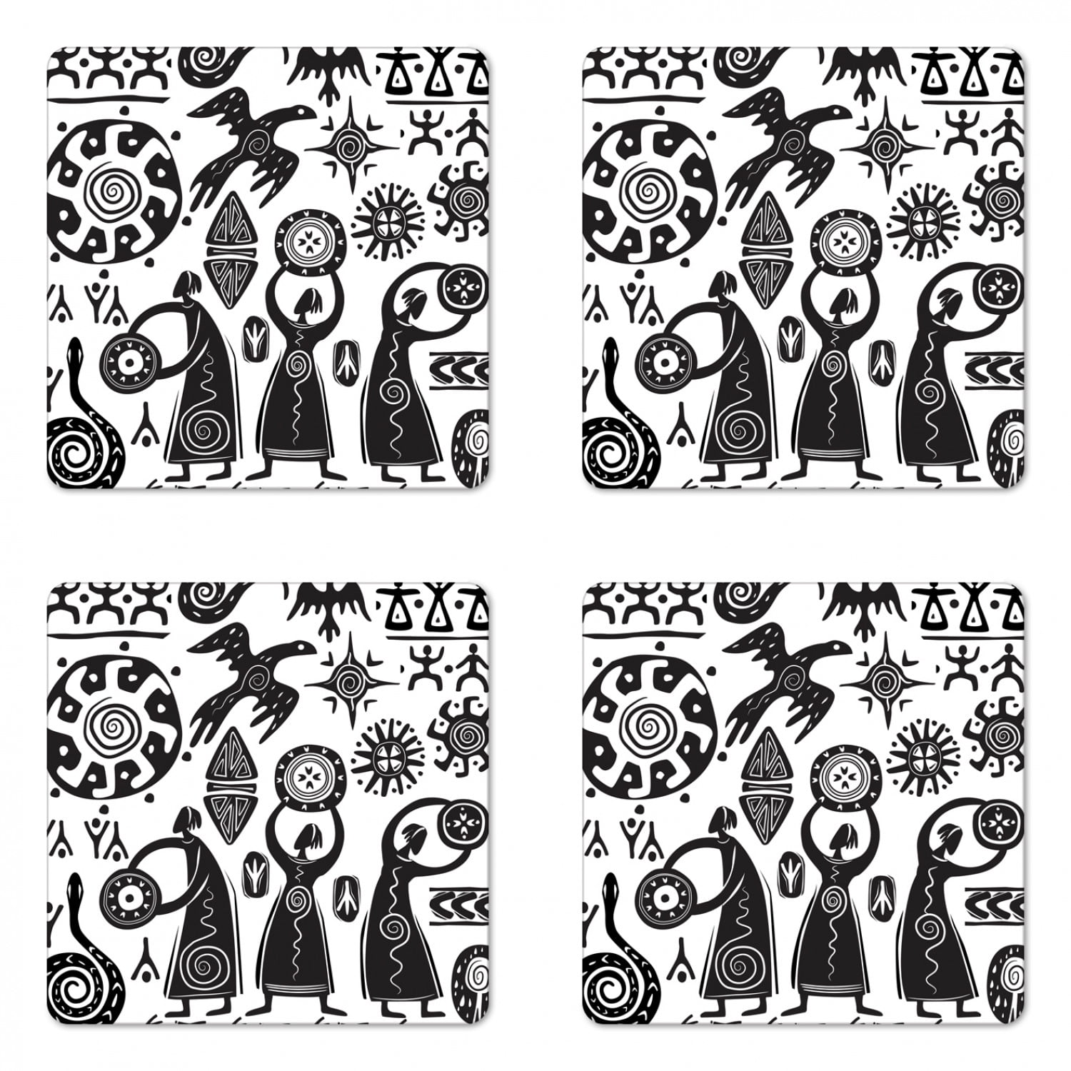 Primitive Coaster Set of 4, Dancing Shaman Eagle Sun Snake Prehistoric ...
