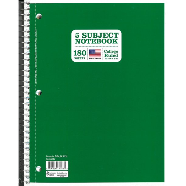 Norcom 5 Subject 180 Sheets Notebook, College Ruled, 10.5" x 8 ...