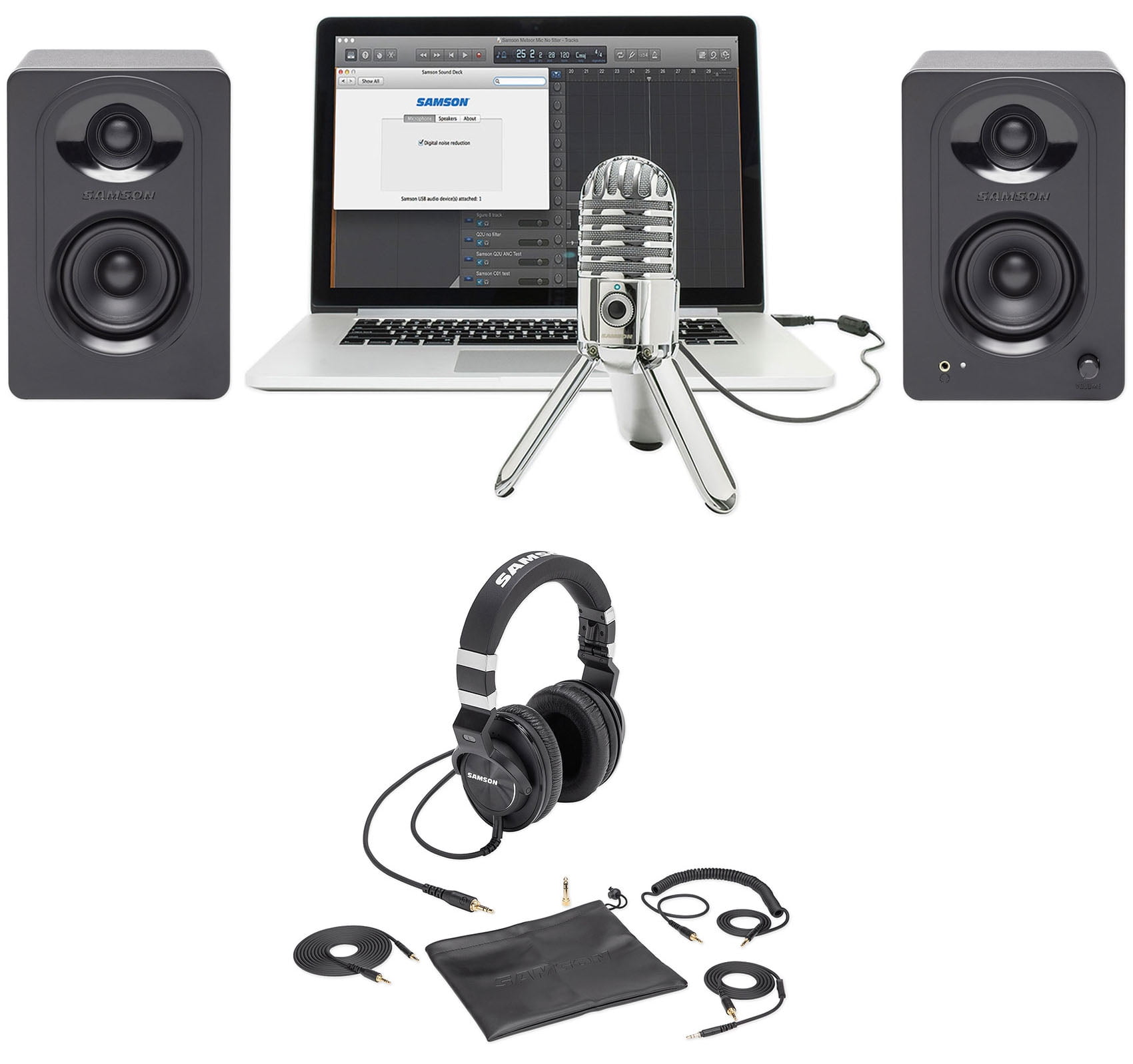 Samson Podcast Podcasting Microphone+Z55 Headphones+Pair Monitor ...