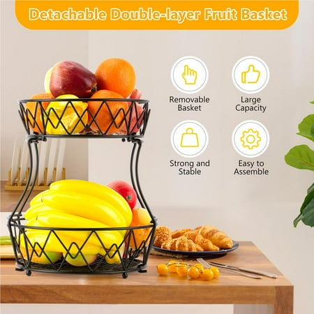 2 Tier Fruit Basket Wrought Iron Vegetable Rack Detachable Fruit ...