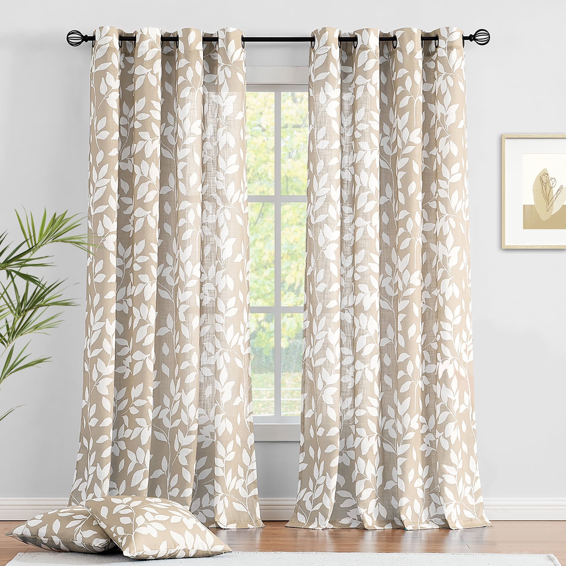 Exultantex Taupe Semi Sheer Curtains White Leaf Pattern Panels, 55"W x ...