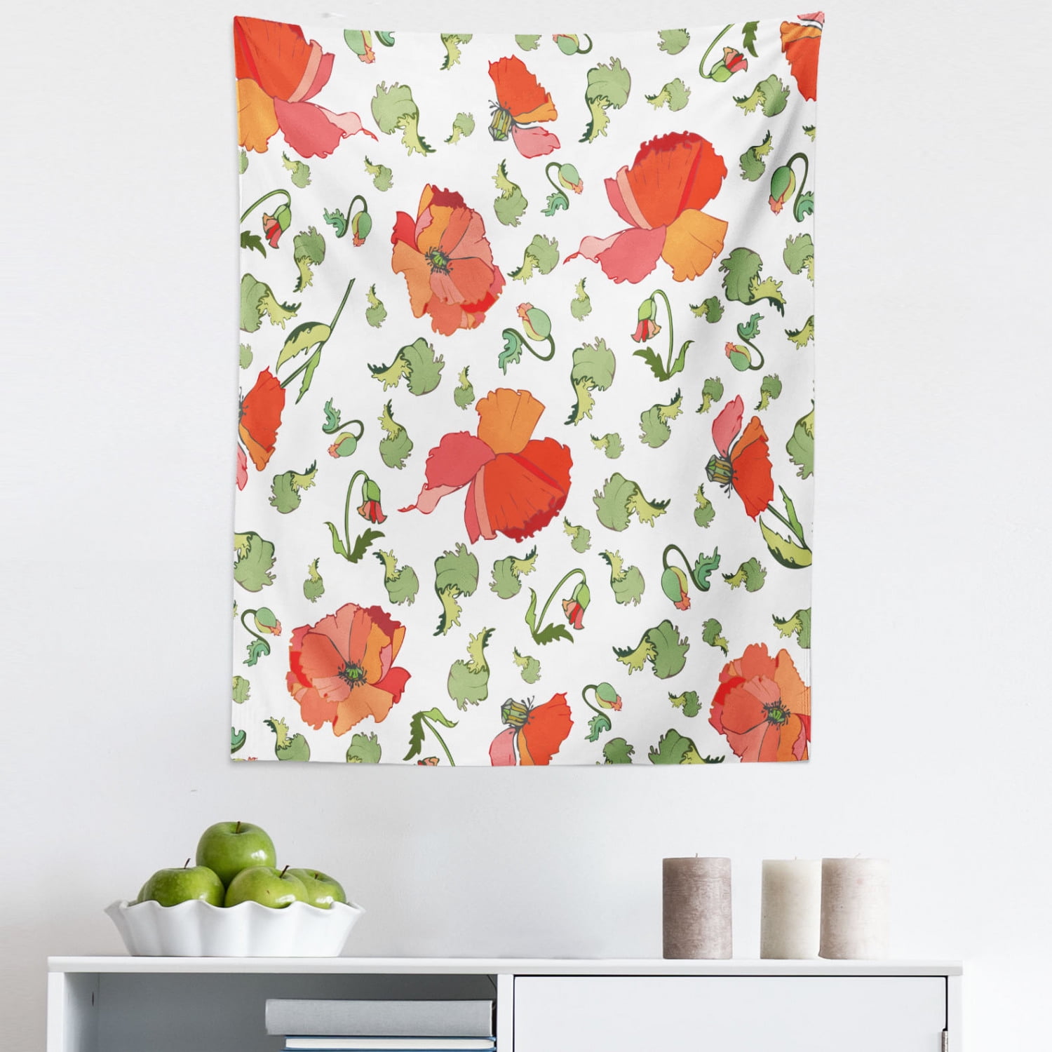Poppy Flower Tapestry, Blooming Poppies Buds and Green Leaves Scattered ...