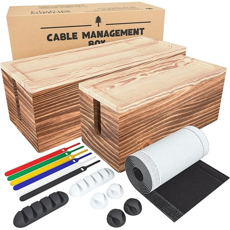 [Set of Two] Rustic Wooden Cable Management Box Cord Organizer, Large ...