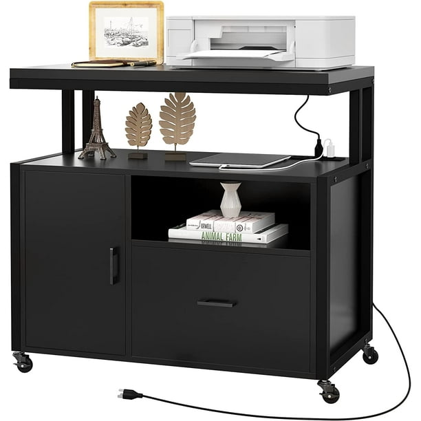 Dextrus Wood File Cabinet with Charging Station, Rolling Filing Cabinet ...