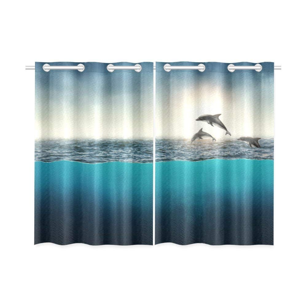CADecor Sea and Ocean Window Kitchen Curtain, Blue Underwater Dolphin ...