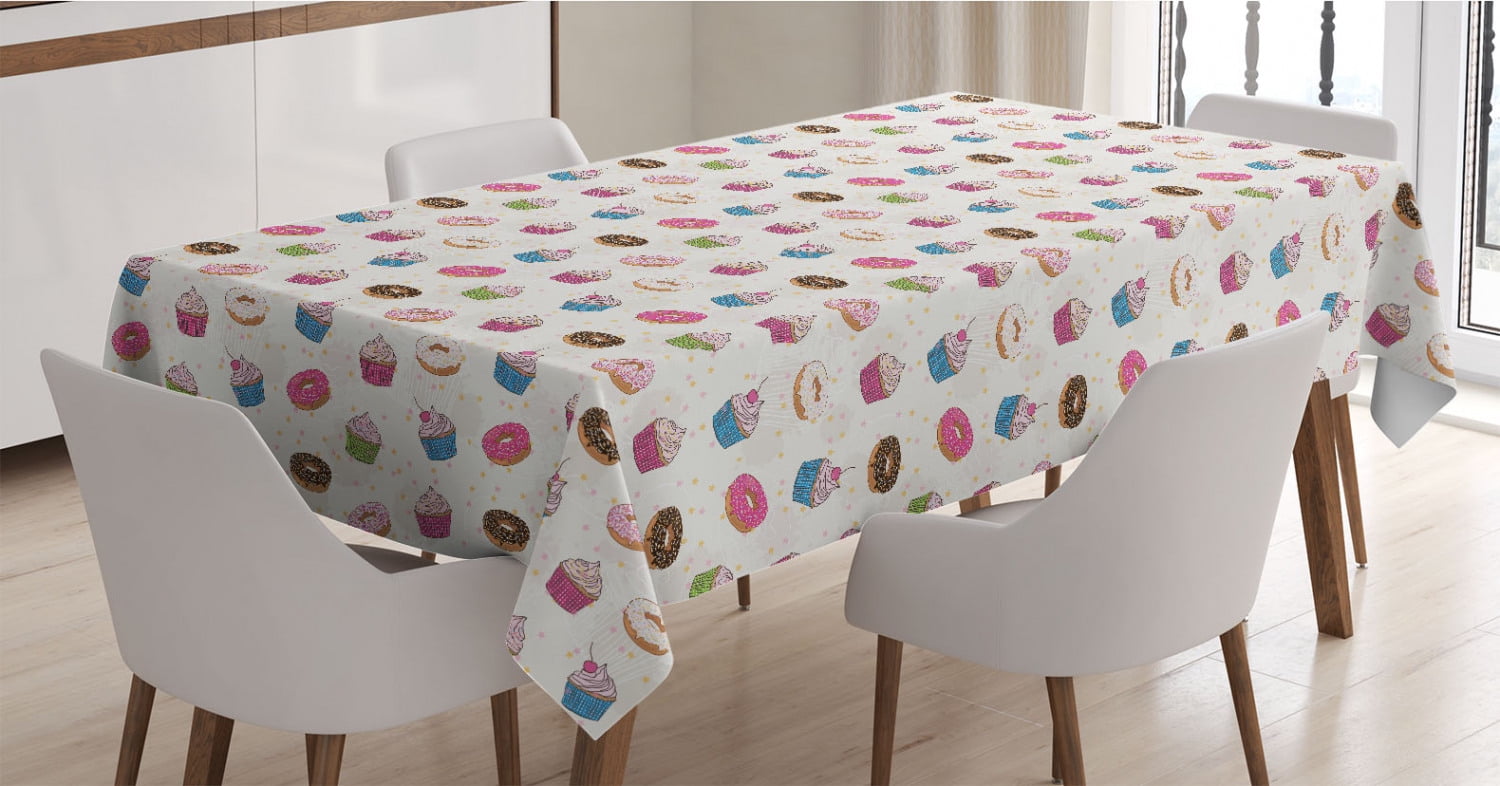 Bakery Tablecloth, Hand Drawn Colorful Cartoon Abstract Cupcakes Donuts ...
