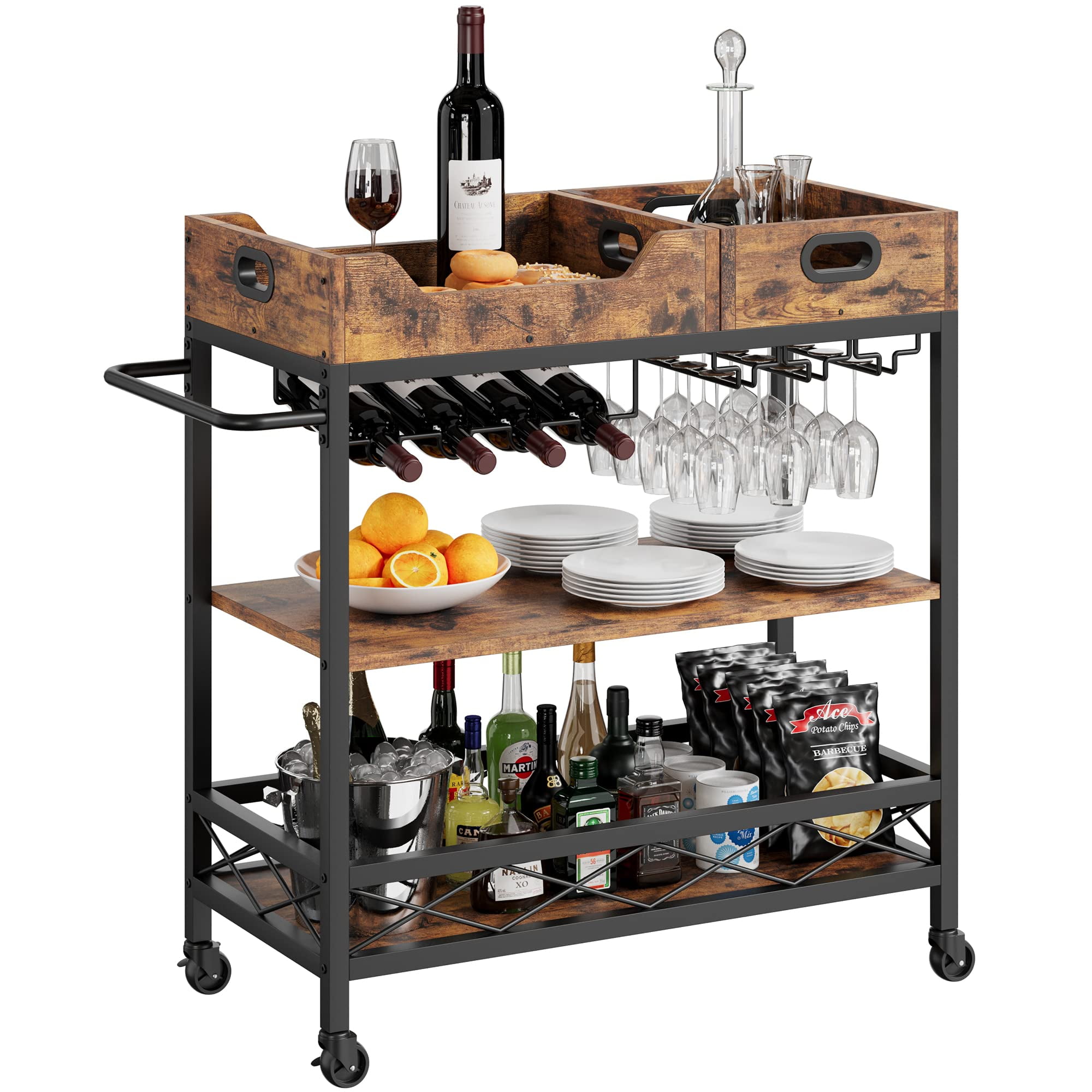 Serving Carts for Home Kitchen, 3 Tier Industrial Bar Cart with Rolling ...