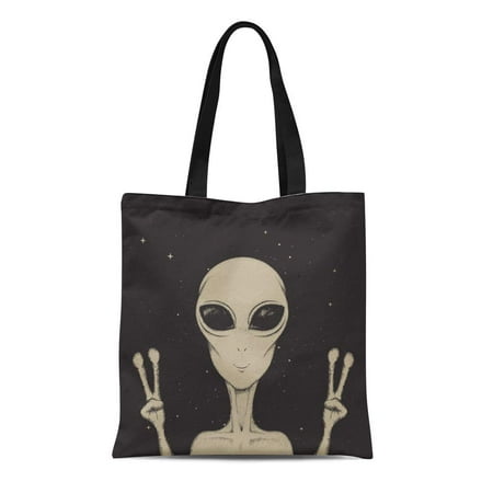 JSDART Canvas Tote Bag Drawing Alien Showing Peace Sign Space Life ...