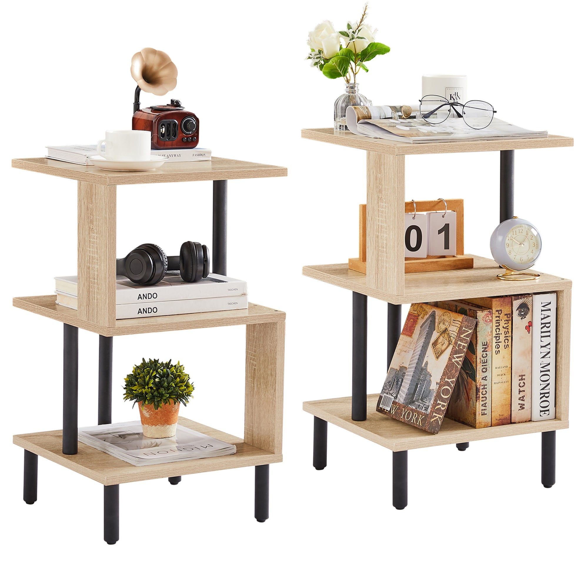 VECELO Set of 2 S-Shape Side Table, Modern 3-Tier Nightstand Sofa Side ...