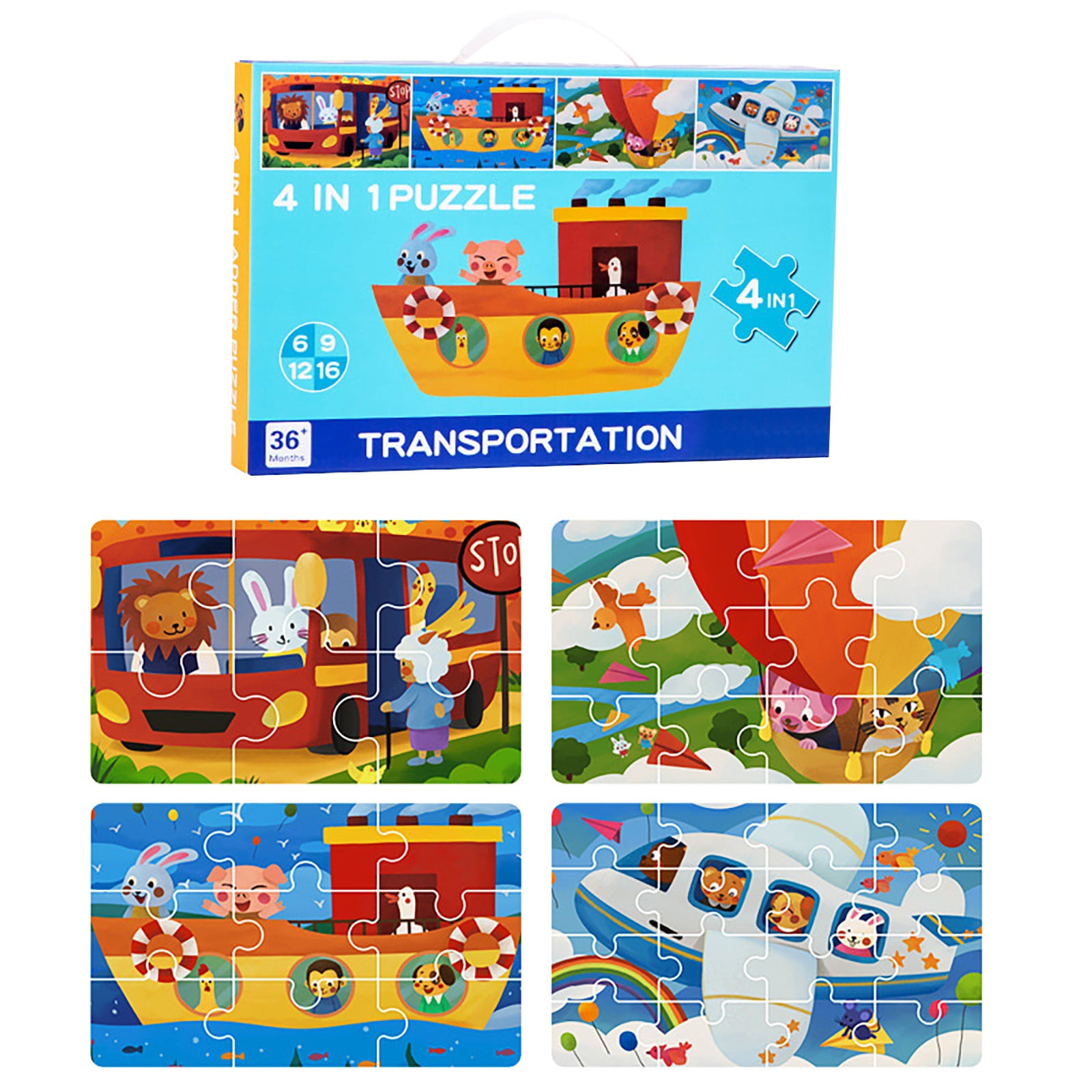 4 in 1 Puzzles Animals World 6/9/12/16 Piece Puzzles Difficulty Level ...