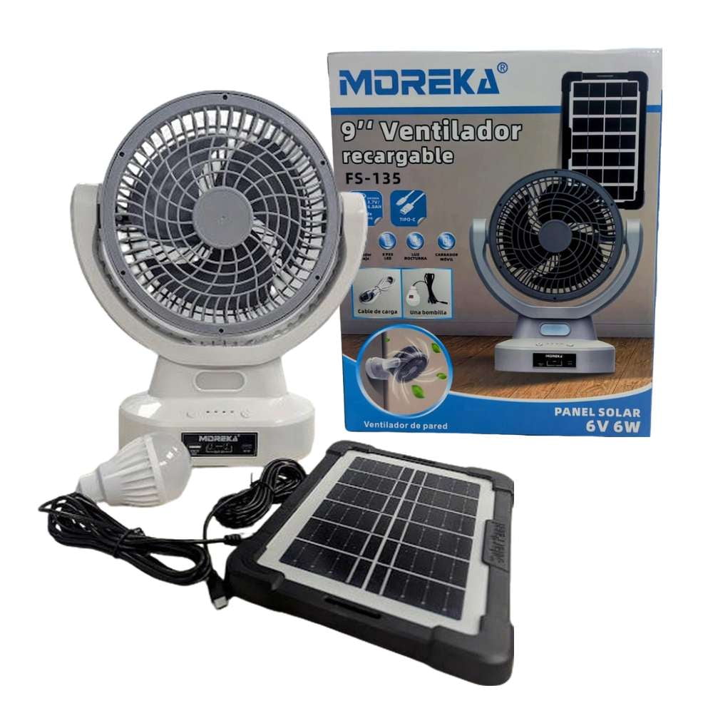 Ventilador Solar Recargable 9" Cargador De Celular Foco y Panel Solar Moreka FS-135 | Bodega ...