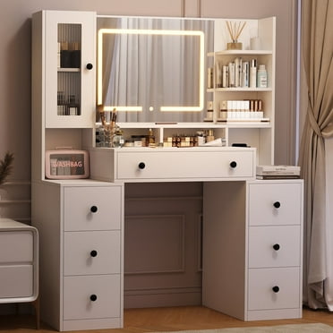 Homesflex Vanity Desk with mirror, LED lights, power outlet, 43'' width ...
