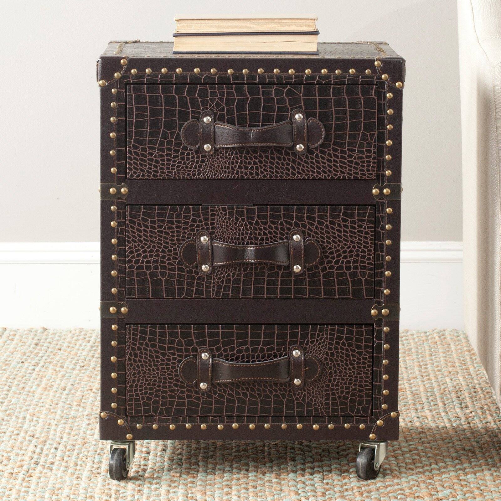 Safavieh Llyoyd 3 Drawer Rolling Chest - Dark Brown Croc Leather/Black ...