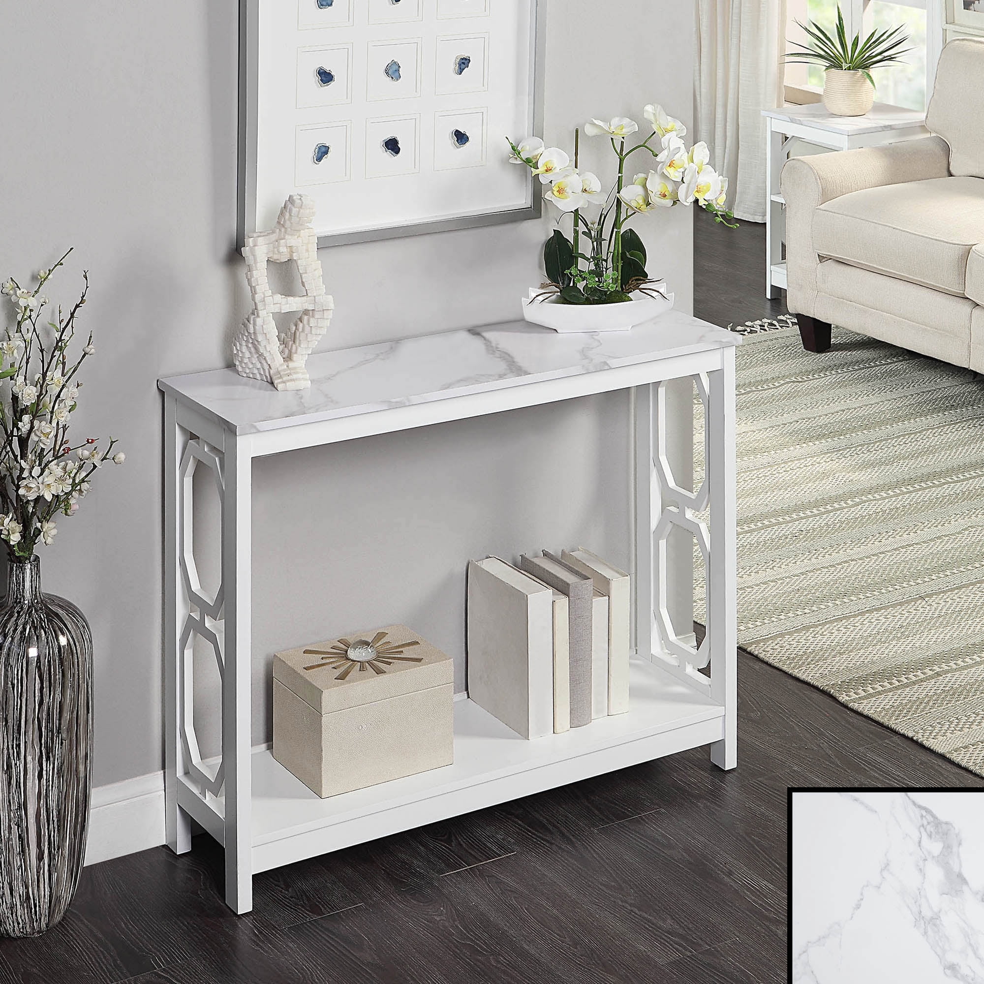 Convenience Concepts Omega Console Table with Shelf, White Faux Marble ...