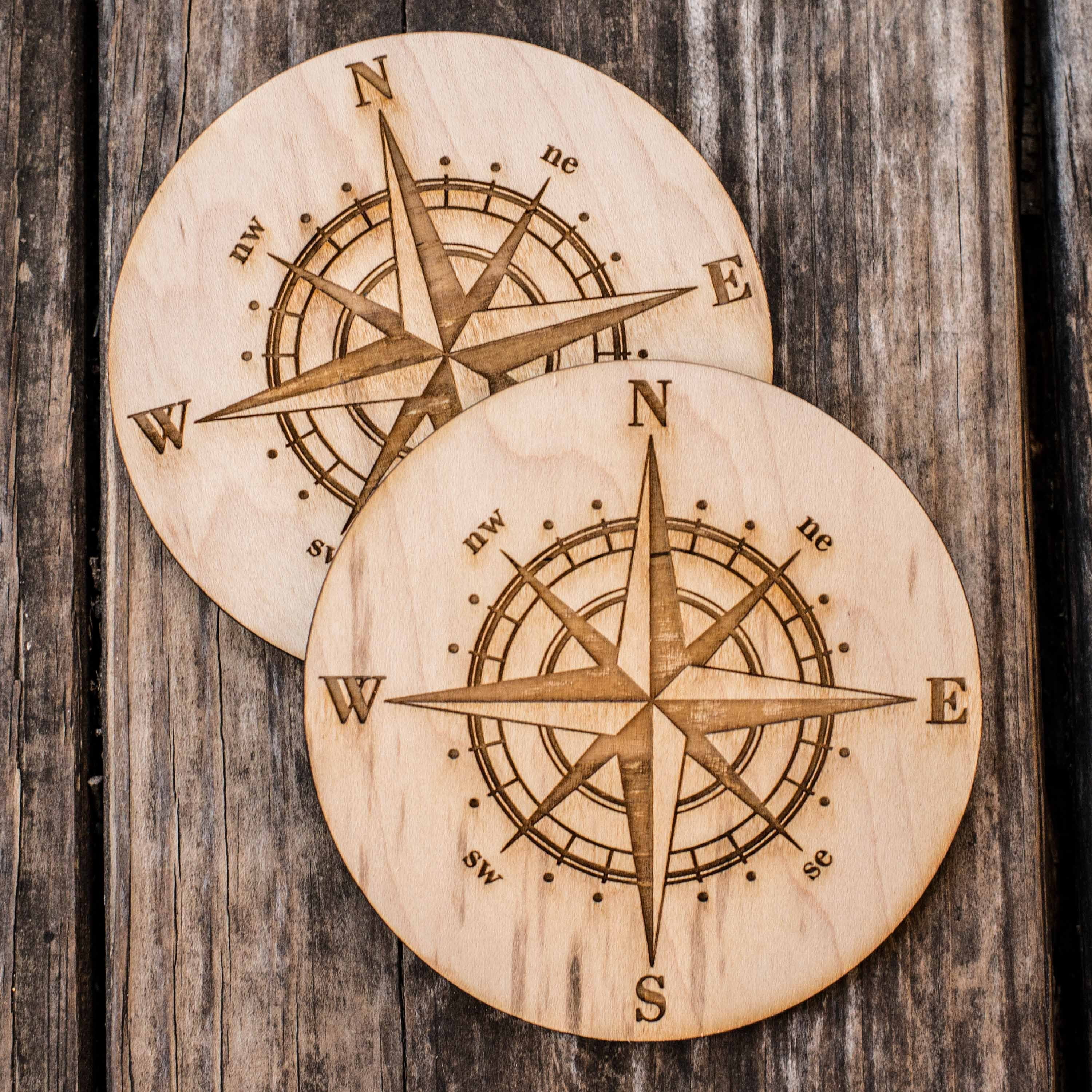 Compass Rose Coaster Set 4x4in Raw Wood - Walmart.com