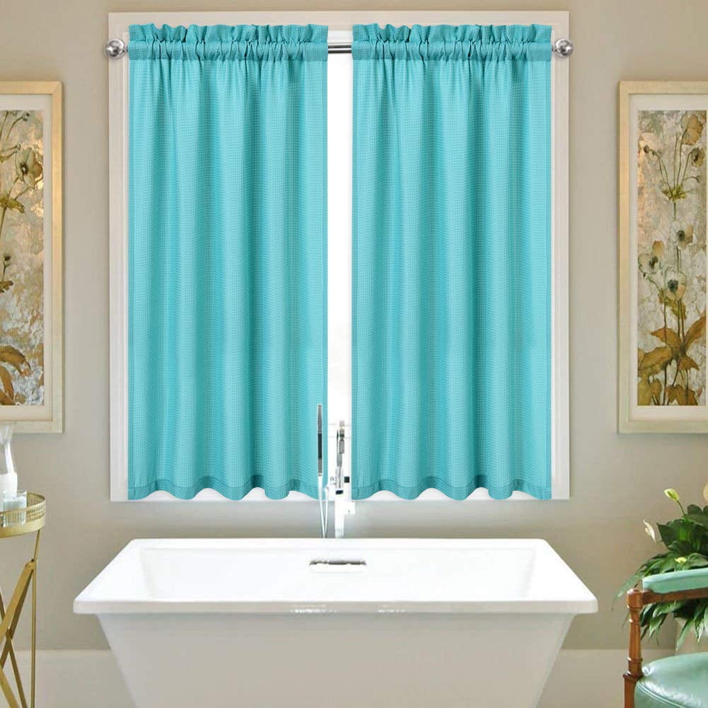 Shininglove Teal Kitchen Curtains, Waffle Woven Textured Window ...