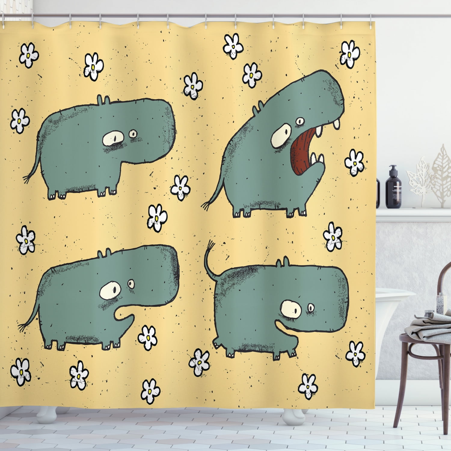 Hippo Shower Curtain, Hand-Drawn Comic Style Group of Hippos on Grungy ...