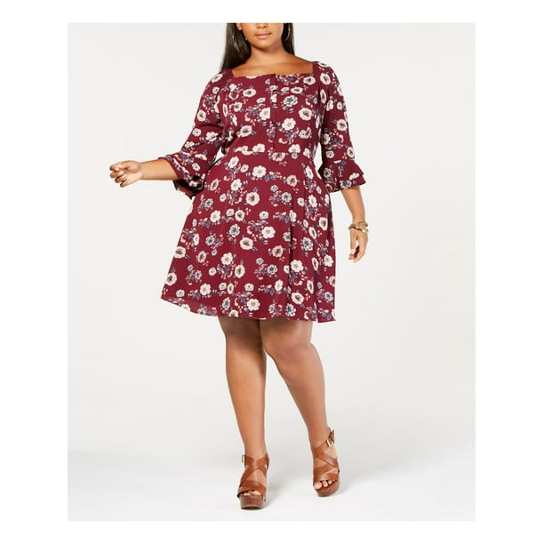 Monteau Monteau Womens Burgundy Floral Print Bell Sleeve Jewel Neck