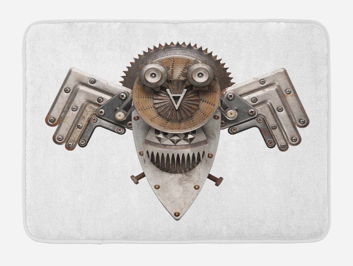 Industrial Bath Mat, Stylized Collage with Owl Figure Cog Hardware Gear ...