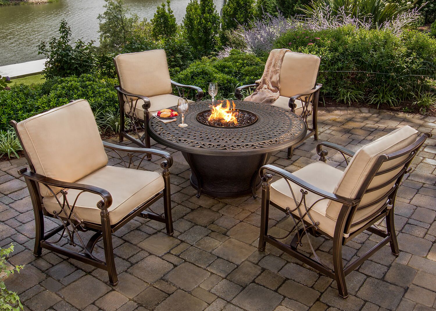 5 Piece Cast Aluminum Round Gas Fire Pit Set W Cream Patio Rocking 5 Piece Cast Aluminum Round Gas Fire Pit Set W Cream Patio Rocking