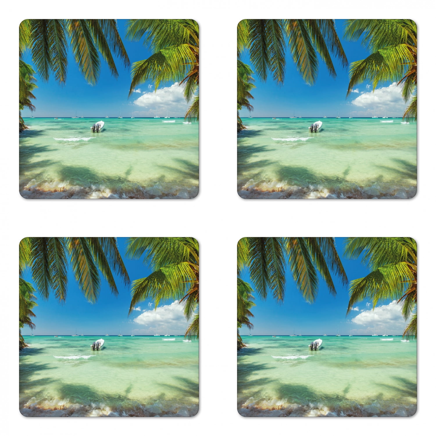 Tropical Coaster Set of 4, Surreal Sea Surrounded by Palm Tree Leaves ...