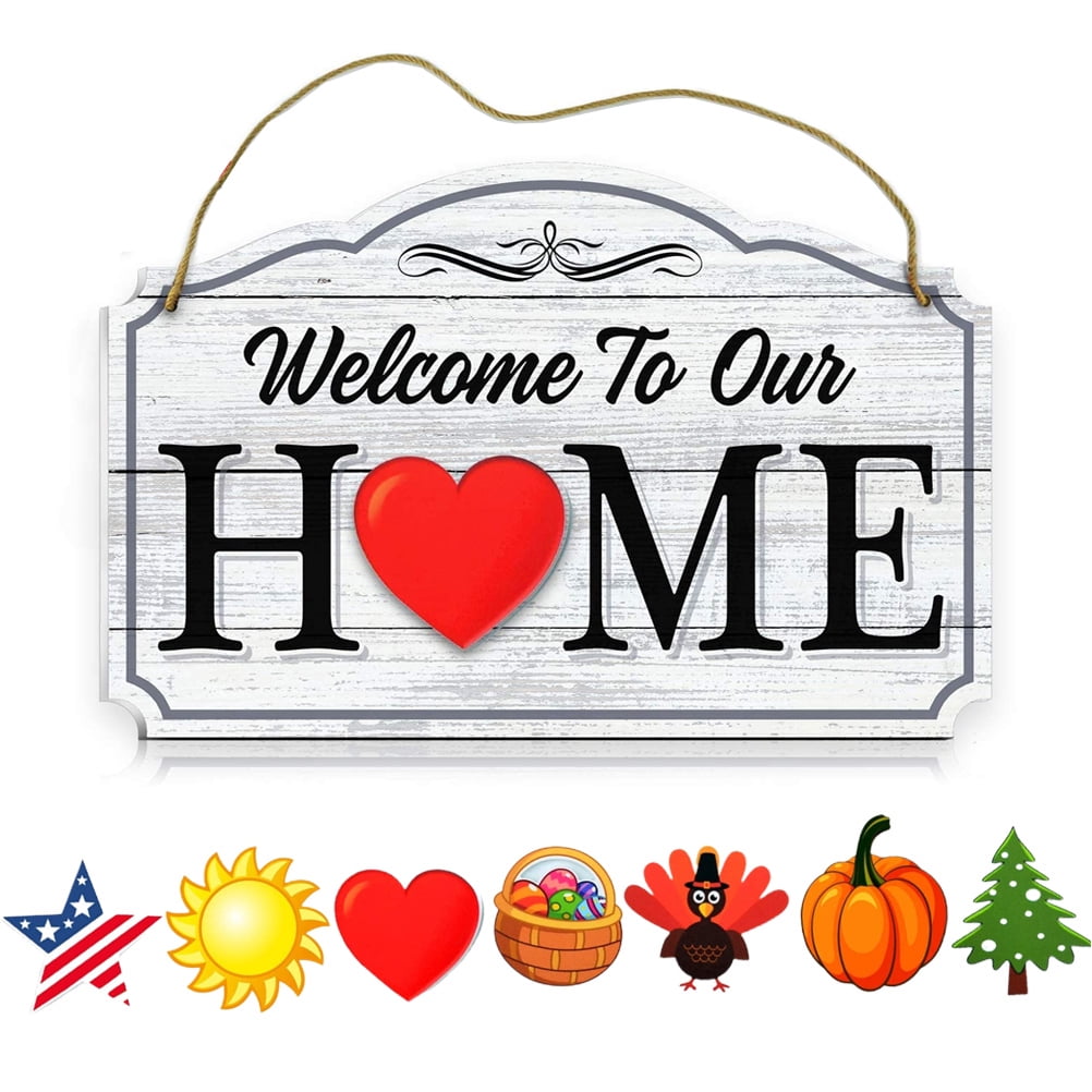 Seroniy Seasonal Welcome Sign with Interchangeable Icons Rustic Wooden ...
