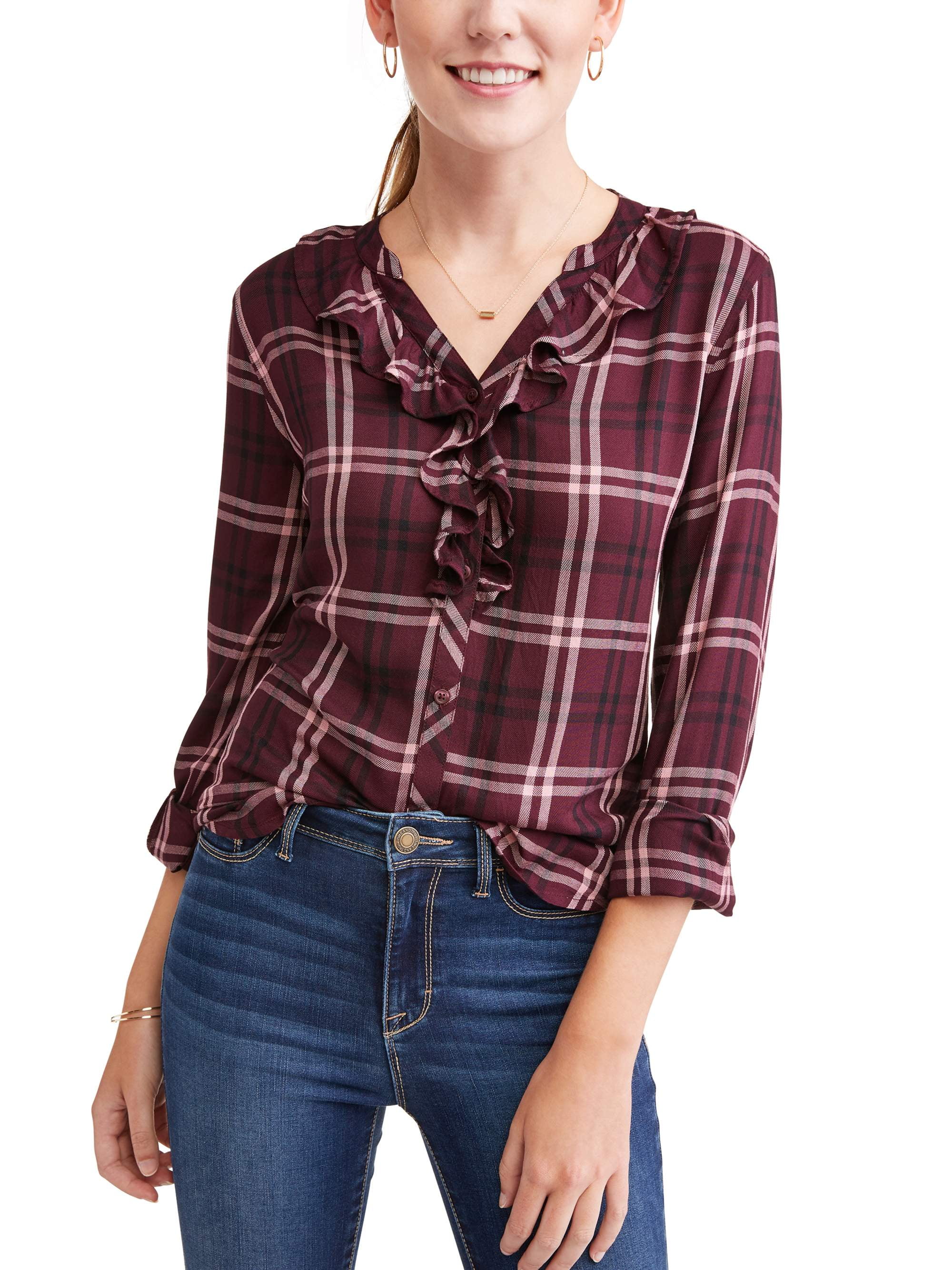 Women's Ruffle Neck Plaid Top - Walmart.com