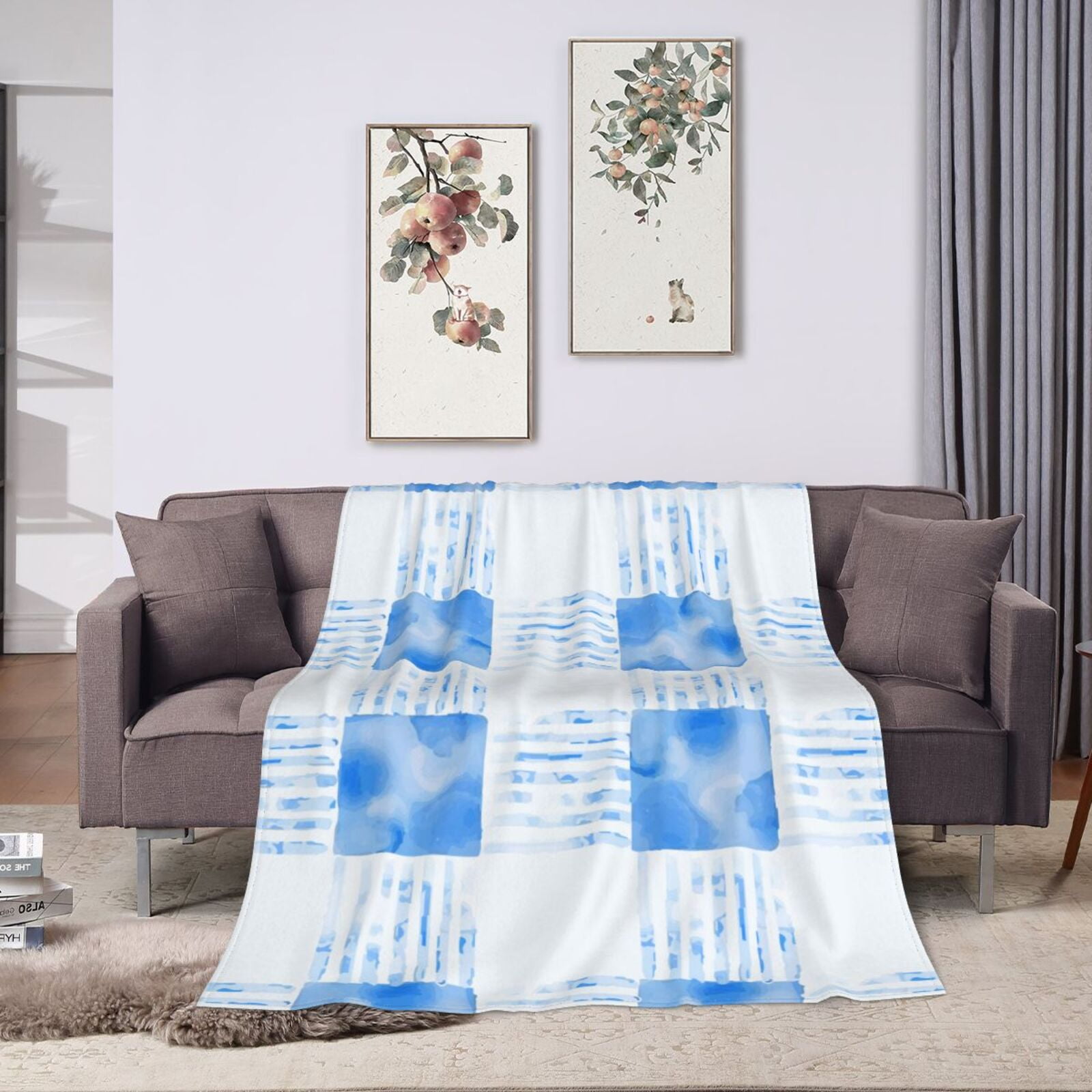 ZNDUO Blue Watercolor Plaid Art Pattern Throw Blanket, Lightweight Cozy ...