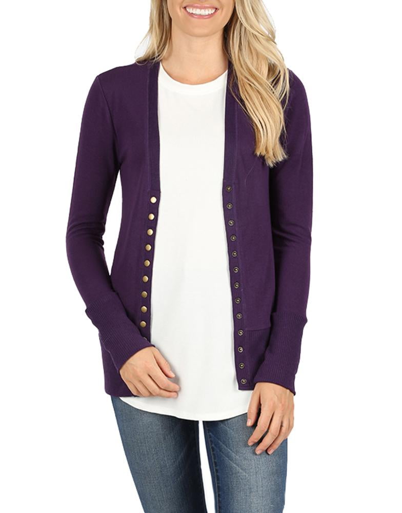 Womens V Neck Snap Button Long Sleeve Knit Cardigan - Walmart.com