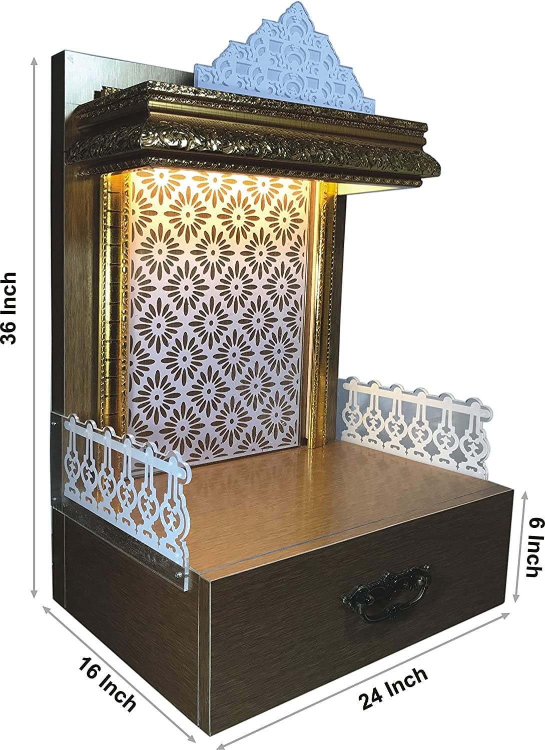 Handmade Brown Textured Wooden Temple with LED Lights for Home & Office ...