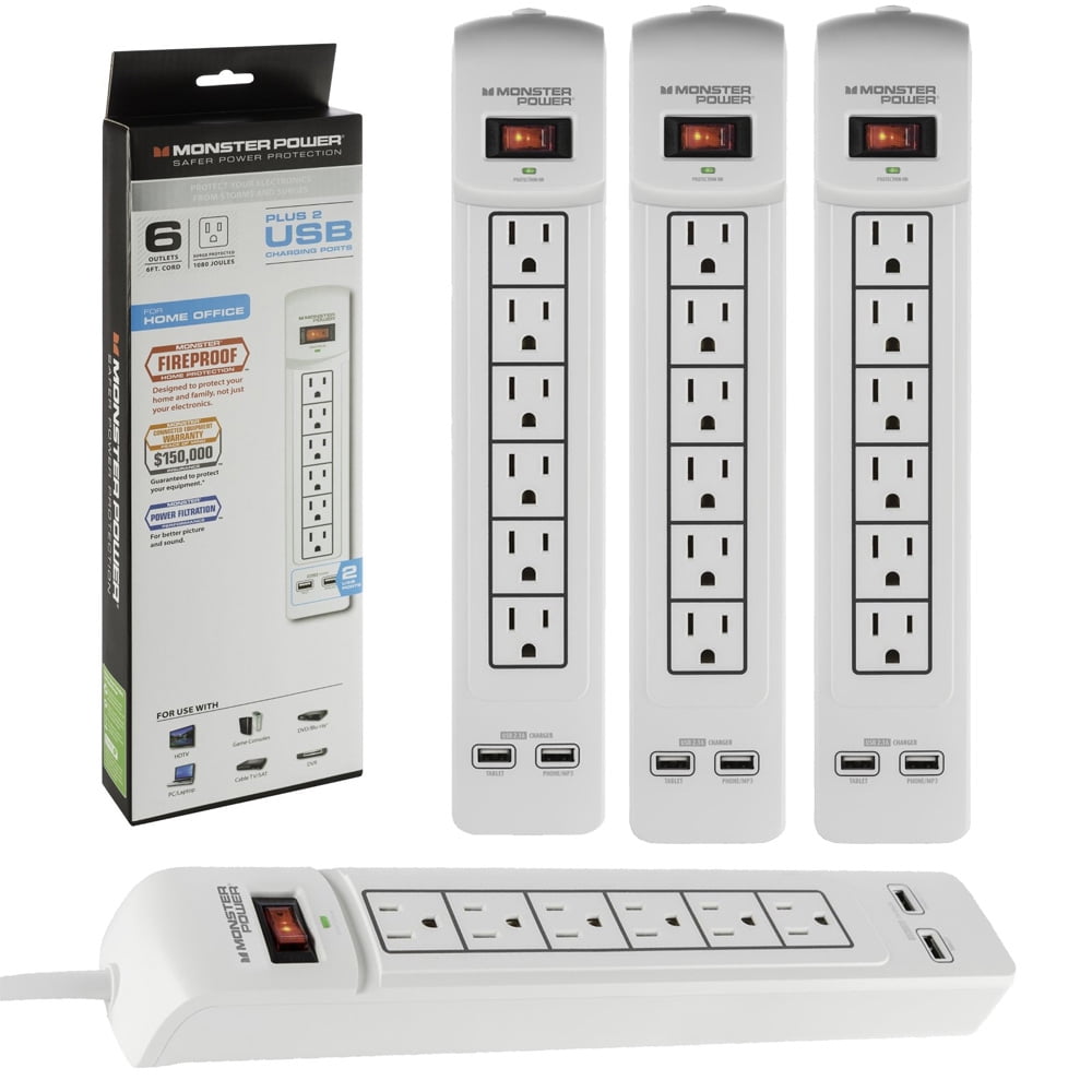 6 Outlet Surge Protector With 2 USB Charging Ports 6ft Power Cord ...