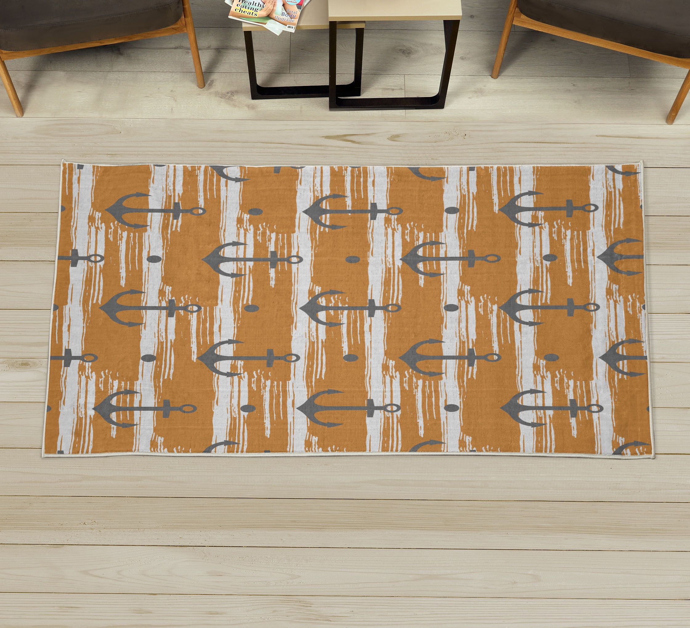 Marine Decorative Rug, Anchors and Skulls Crossed Bones Dots Pirate ...