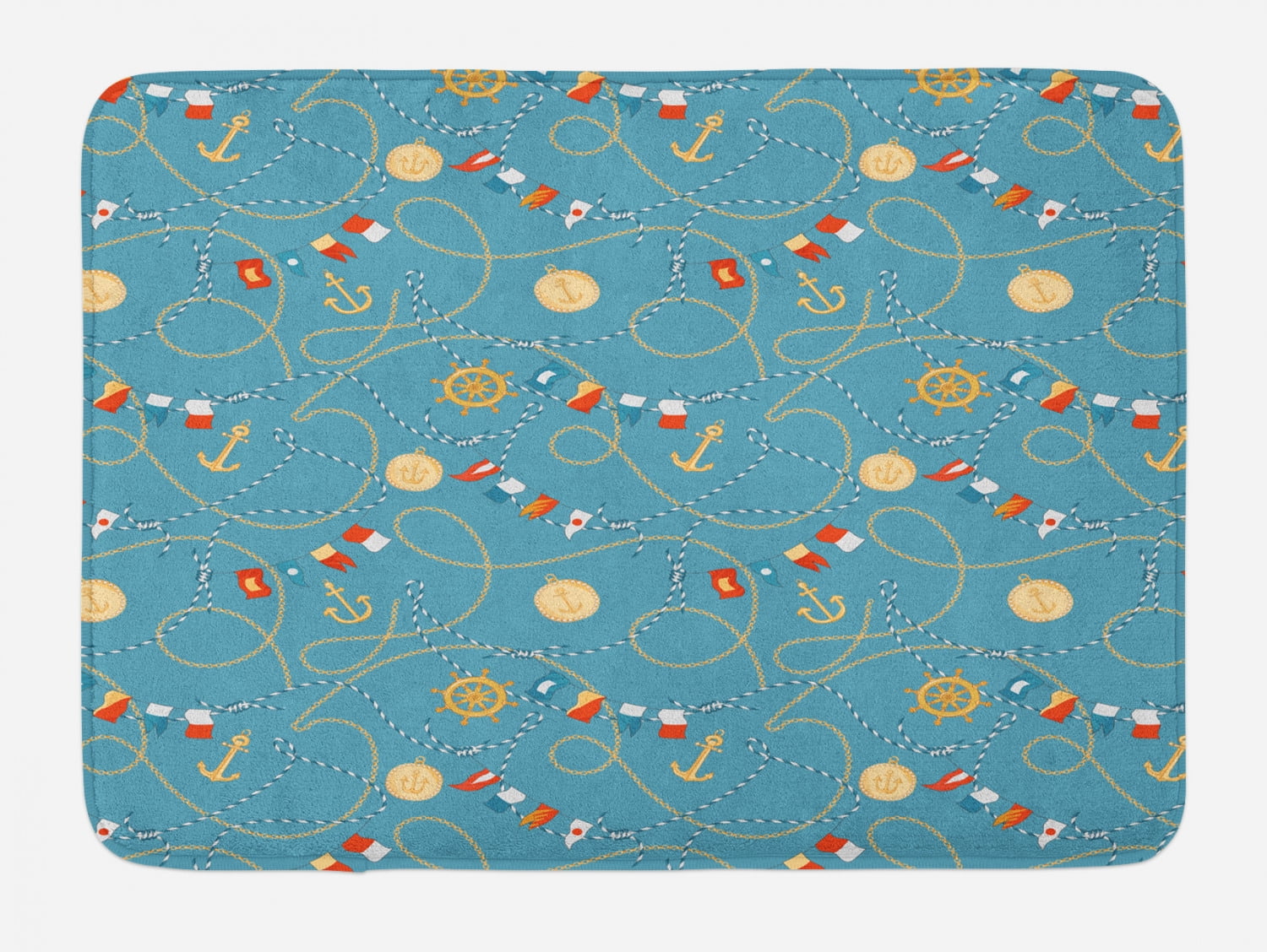 Blue Nautical Bath Mat, Sailorman Anchor Medals Ropes Chains Flags ...