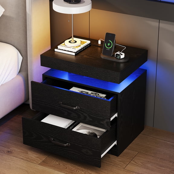 4 EVER WINNER LED Nightstands Set of 2, Modern Black Night Stand End ...