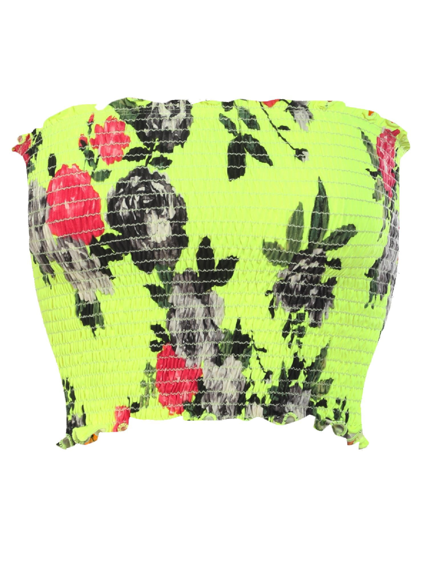 MixMatchy Women's Floral Print Smocked Lettuce Edge Crop Tube Top ...