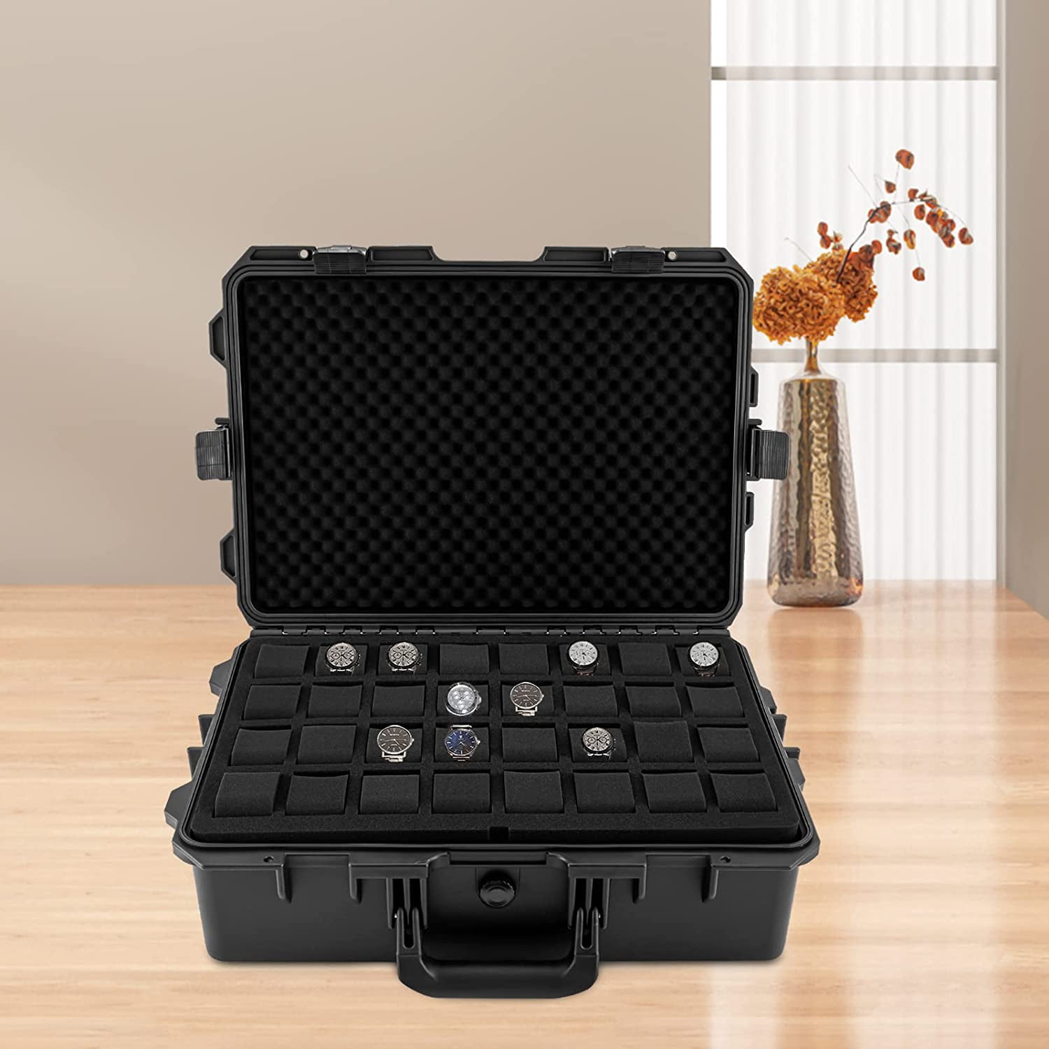 Miumaeov Waterproof Watch Carry Case, Black Watch Organizer Travel Case ...
