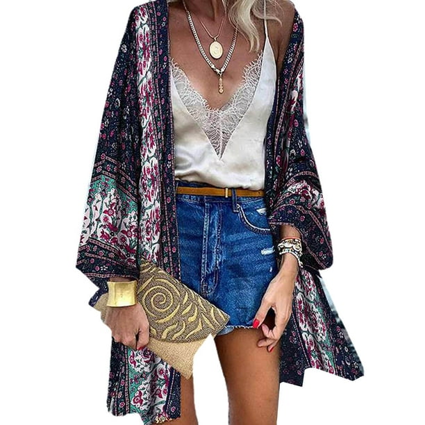 LilyLLL Plus Size Womens Boho Floral Cover Up Blouse Kimono Open Front ...