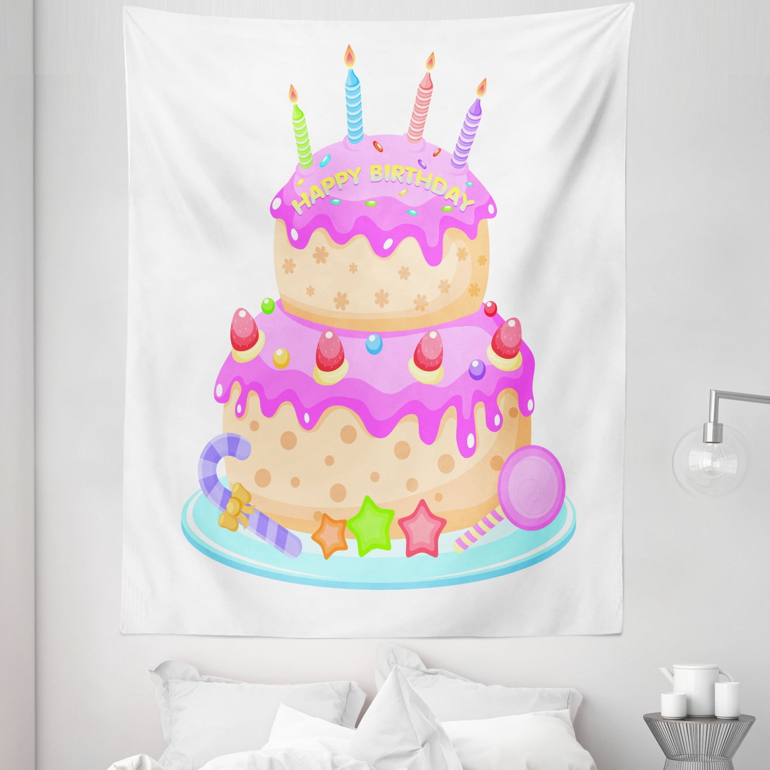 Birthday Party Tapestry, Pastel Colored Birthday Party Cake with ...