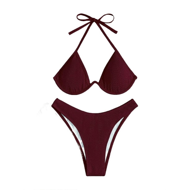 Women High Stretch Sexy Plain Halter Burgundy Bikini Sets S