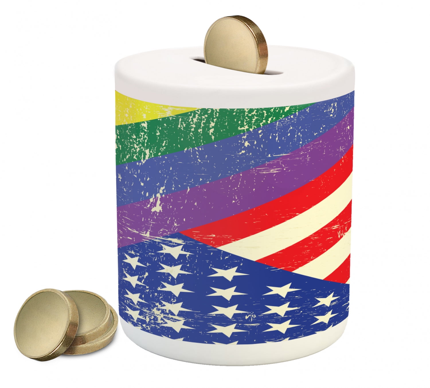 Vintage Rainbow Piggy Bank, Worn out Pride Flag and Old Glory ...
