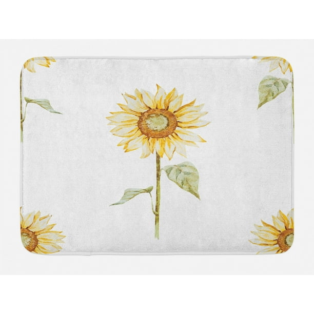 Sunflower Bath Mat, Sunflowers with Watercolor Painting Effect and in ...