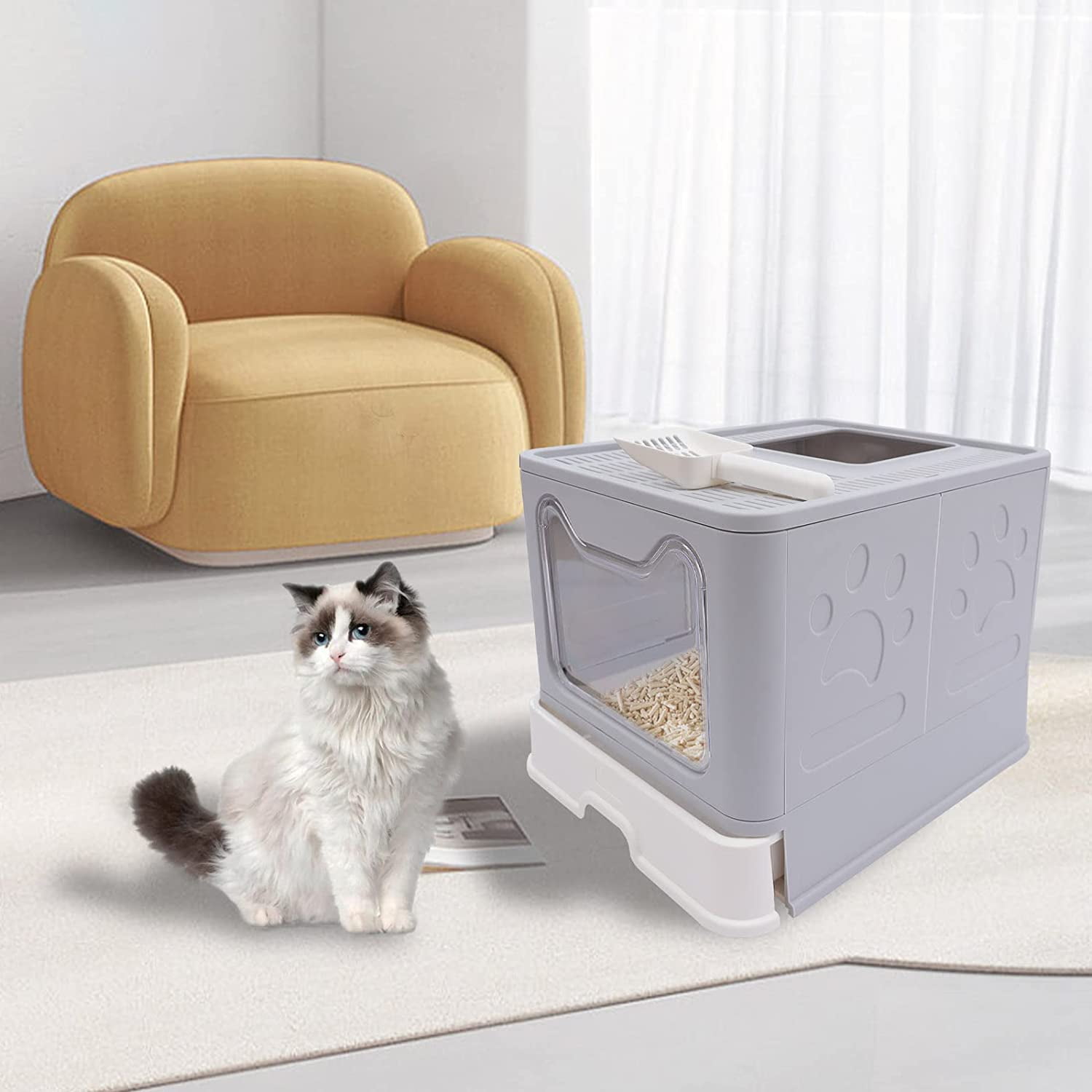 Hooded Cat Litter Box Kitty Litter Case Clear Door W/ Litter Scoop ...