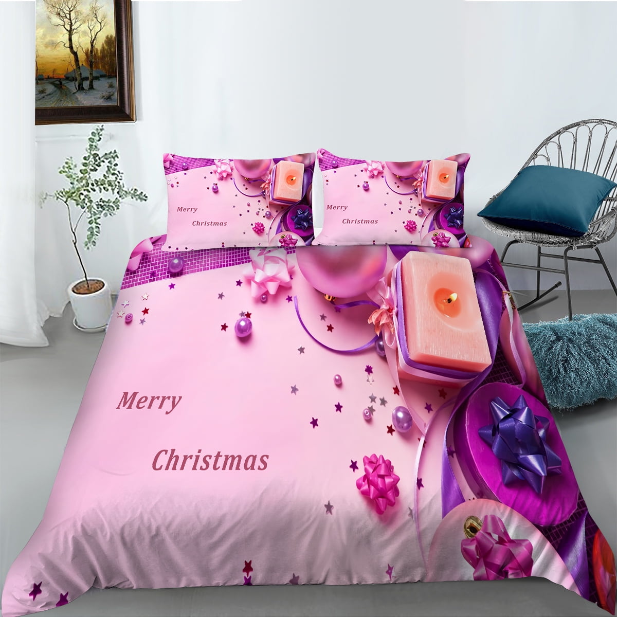 Pink Christmas themed Comforter Cover Set For Ladies And Girls Room Use pink-christmas-themed-comforter-cover-set-for-ladies-and-girls-room-use