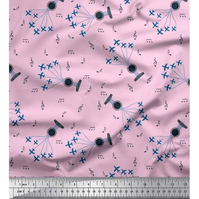 Soimoi Cotton Voile Fabric Airplane,Guitar Wire & Notes Musical ...