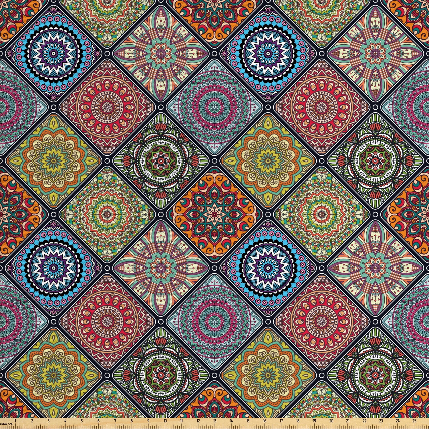 Mandala Fabric by the Yard, Checkered Rectangles Pattern Various ...