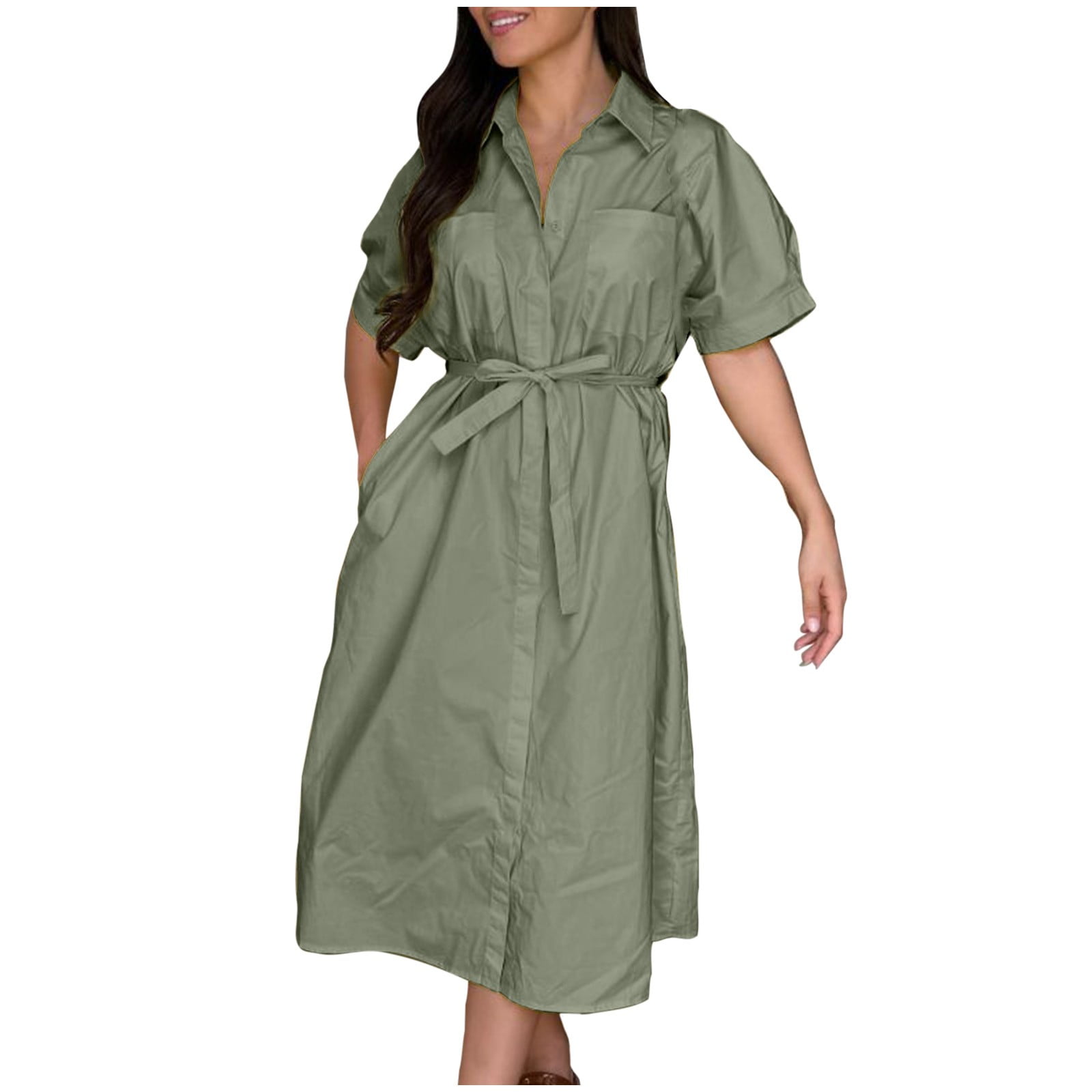 Lenpel Women's Shirt Dress Cotton Short Sleeve Button down Collared ...